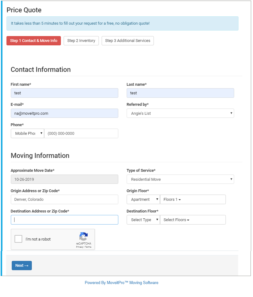 Online Estimate Forms for Moving Companies